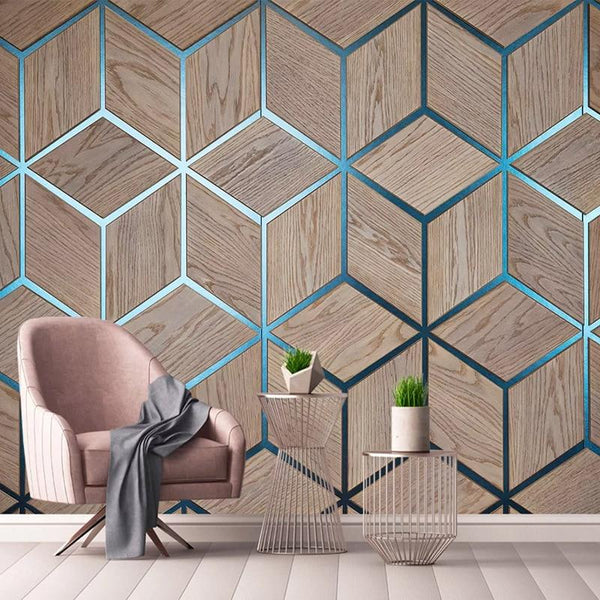 Abstract Geometric Wood Grain With Blue Grid Wallpaper Mural, Custom S ...